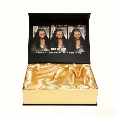 China Luxury Flip Top Magnetic Box Closure Wig Box With Satin Inside Custom Logo Packaging Hair Gift Black Foldable Paper Boxes for sale