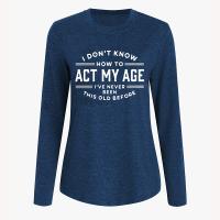 China Round Neck Women Tops Personalized Letters Print Long Sleeves T Shirt In Dark Blue for sale