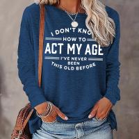 China Round Neck Women Tops Personalized Letters Print Long Sleeves T Shirt In Dark Blue for sale