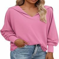 China Women's Solid Color Relaxed Fit V-neck Hoodie Sweatshirt with Long Sleeve and Front Kangaroo Pocket for sale