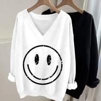 China Women's V-neck Hoodie with Smiling Face Print in Cotton/Polyester Blend for Winter Warmth for sale