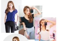 China Sexy V Neck Women's T - Shirts Combed Cotton Soft Color Blue Casual Tee for sale