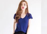China Sexy V Neck Women's T - Shirts Combed Cotton Soft Color Blue Casual Tee for sale