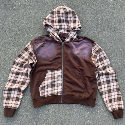 China 400gsm Cotton French Terry Mixed Media Flannel Patchwork Vintage Wash Streetwear Hoodies For Men for sale
