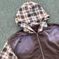 China 400gsm Cotton French Terry Mixed Media Flannel Patchwork Vintage Wash Streetwear Hoodies For Men for sale