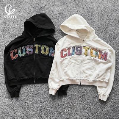 China Cropped Vintage Unisex Hoodie Raw Edge Hem Rhinestone Letters Colorful Applique Oversized for sale
