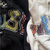 China Cropped Vintage Unisex Hoodie Raw Edge Hem Rhinestone Letters Colorful Applique Oversized for sale