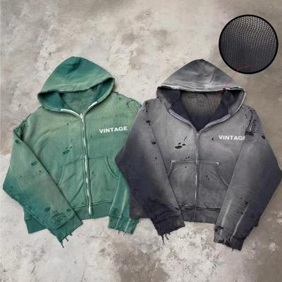 China Heavyweight Vintage Sweatshirts Thermal Waffle Lined Cotton Zip Up Custom Streetwear for sale