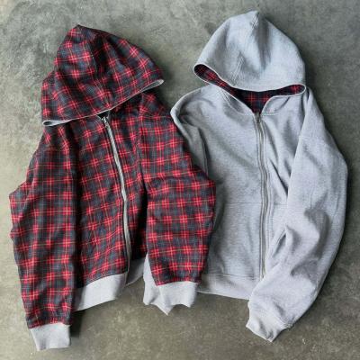 China Heavyweight Double Layered Reversible Fleece Tartan Plaid Flannel Lined Hoodies for sale