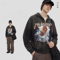 China Custom Acid Wash Rhinestone Zip Up Hoodie DTG Print Vintage Streetwear for sale