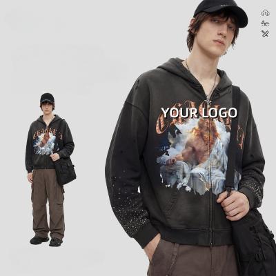 China Custom Acid Wash Rhinestone Zip Up Hoodie DTG Print Vintage Streetwear for sale
