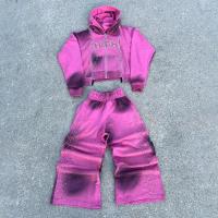 China Custom Rhinestone Cropped Zip Up Breathable French Terry Streetwear Tracksuit Set for sale