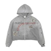 China Men Blank Hoodies Cropped Zip Up Hoodies Vintage Wash Custom Patch Pearl Embellished Streetwear for sale