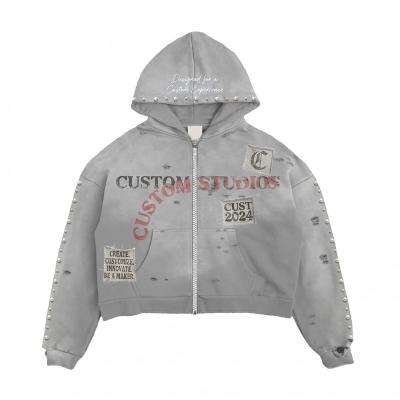 China Men Blank Hoodies Cropped Zip Up Hoodies Vintage Wash Custom Patch Pearl Embellished Streetwear for sale