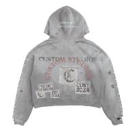 China Men Blank Hoodies Cropped Zip Up Hoodies Vintage Wash Custom Patch Pearl Embellished Streetwear for sale