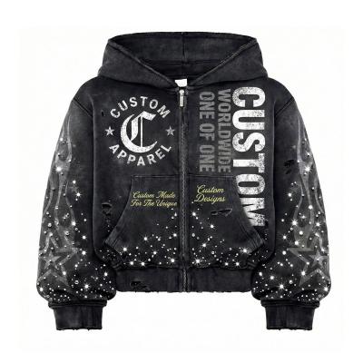 China Custom Full Zip Hoodie Cotton Boxy Distressed Rhinestone Retro Style Graphic for sale