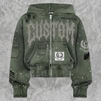 China Distressed Rhinestone Vintage Men Hoodies Zip Up Oversized Heavyweight Acid Wash for sale