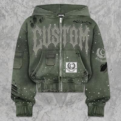 China Distressed Rhinestone Vintage Men Hoodies Zip Up Oversized Heavyweight Acid Wash for sale
