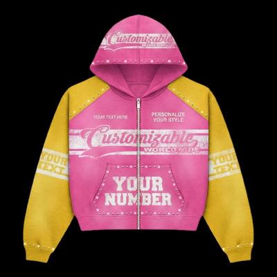 China Acid Wash Cool Hoodies Zip Up Patchwork Rhinestone Hoodie Oversize Boxy Embroidery for sale