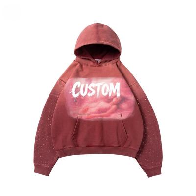 China Rhinestone Sleeve Men Hoodies Silk Screen Vintage Wash Hoodies Streetwear for sale