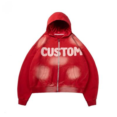 China Custom Graphic Zip Up Hoodie Satin Lined Oversized Sun Faded Acid Wash Streetwear for sale