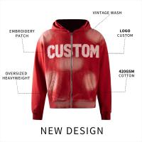 China Custom Graphic Zip Up Hoodie Satin Lined Oversized Sun Faded Acid Wash Streetwear for sale