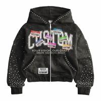 China Custom DTG Print Distressed Rhinestone Zip Up Hoodie Streetwear for sale