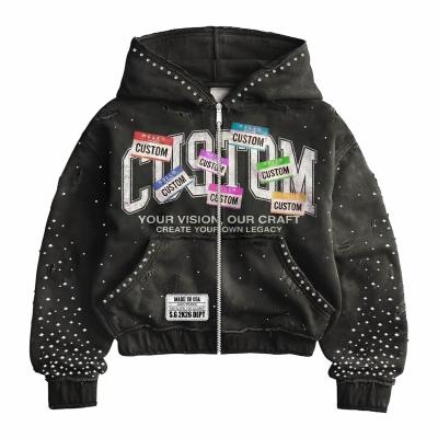 China Custom DTG Print Distressed Rhinestone Zip Up Hoodie Streetwear for sale