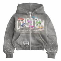 China Custom DTG Print Distressed Rhinestone Zip Up Hoodie Streetwear for sale