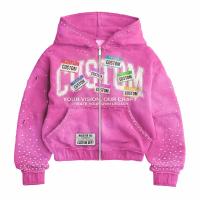 China Custom DTG Print Distressed Rhinestone Zip Up Hoodie Streetwear for sale