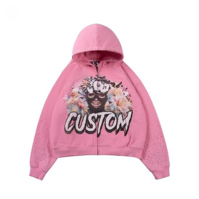 China Custom Pink Graphic Zip Up Hoodie Rhinestone Streetwear Vendor for sale