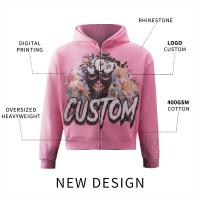 China Custom Pink Graphic Zip Up Hoodie Rhinestone Streetwear Vendor for sale