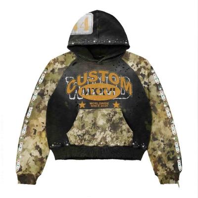 China Custom Camo Raglan Hoodie Rhinestone Vintage Streetwear Supplier for sale