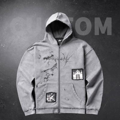 China Custom Distressed Zip Up Hoodie Vintage Wash Streetwear OEM for sale