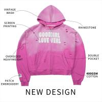 China Custom Rhinestone Patch Embroidery Oversized Vintage Wash Zip Up Hoodie 400GSM for sale
