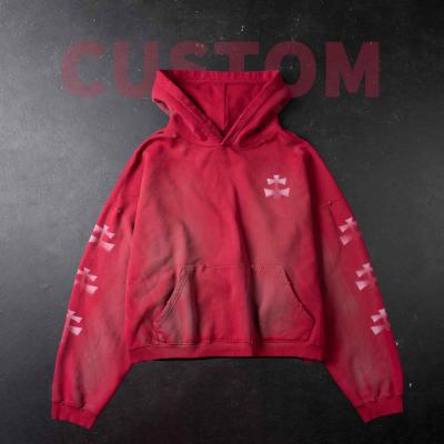 China Custom Distressed Red Wash Oversized Boxy Fit Hoodies Streetwear OEM for sale