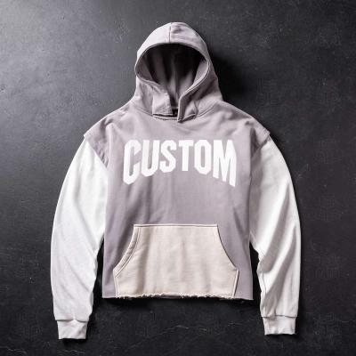 China Custom Silk Print Layered Boxy Fit Hoodies for Men Raw Hem Streetwear for sale
