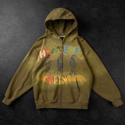 China Oversized Vintage Hoodies Zip Up Hoodie With Digital Print Distressing for sale