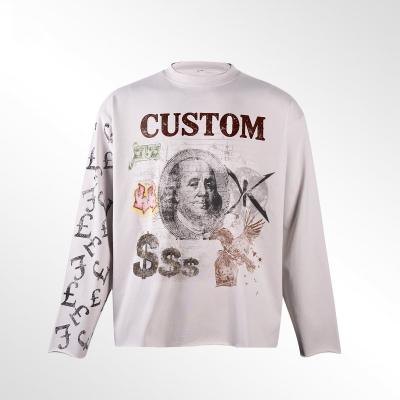 China Custom Oversized Graphic Long Sleeve T Shirt Raw Edge Hem Streetwear for sale