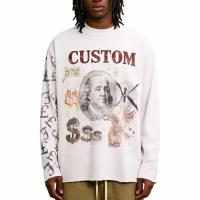 China Custom Oversized Graphic Long Sleeve T Shirt Raw Edge Hem Streetwear for sale
