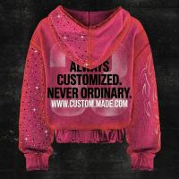 China Oversized Red Zip Up Hoodie Acid Wash Rhinestone Hoodie 400gsm Distressed Zip Up for sale