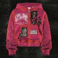 China Oversized Red Zip Up Hoodie Acid Wash Rhinestone Hoodie 400gsm Distressed Zip Up for sale