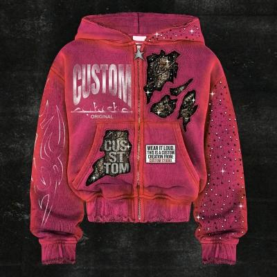 China Oversized Red Zip Up Hoodie Acid Wash Rhinestone Hoodie 400gsm Distressed Zip Up for sale