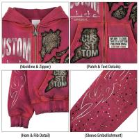China Oversized Red Zip Up Hoodie Acid Wash Rhinestone Hoodie 400gsm Distressed Zip Up for sale