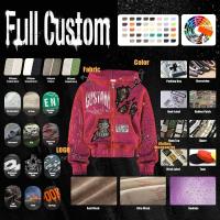 China Oversized Red Zip Up Hoodie Acid Wash Rhinestone Hoodie 400gsm Distressed Zip Up for sale