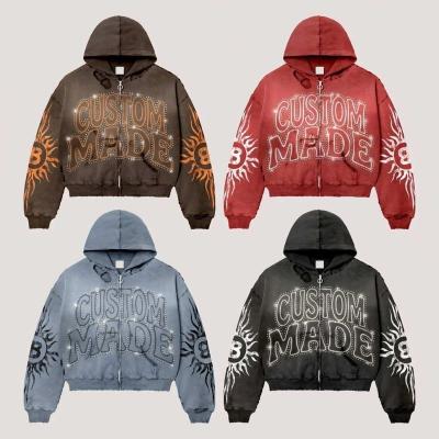 China Custom Vintage Wash Distressed Heavyweight Mens Hoodie 450GSM Boxy Fit Rhinestone Zip Up for sale