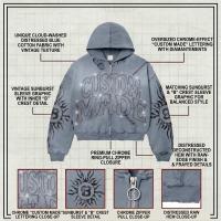 China Custom Vintage Wash Distressed Heavyweight Mens Hoodie 450GSM Boxy Fit Rhinestone Zip Up for sale