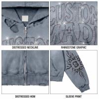 China Custom Vintage Wash Distressed Heavyweight Mens Hoodie 450GSM Boxy Fit Rhinestone Zip Up for sale