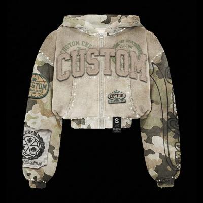 China Custom Heavyweight Boxy Cropped Appliqué Streetwear Hoodie OEM Patchwork Rhinestone Zip Up for sale