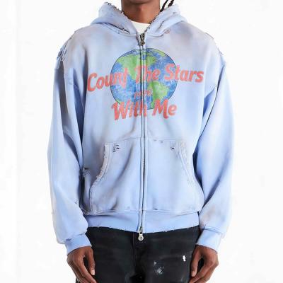 China Custom Zip Up Hoodies Sun Faded Acid Wash Distressed Graphic Cropped for sale